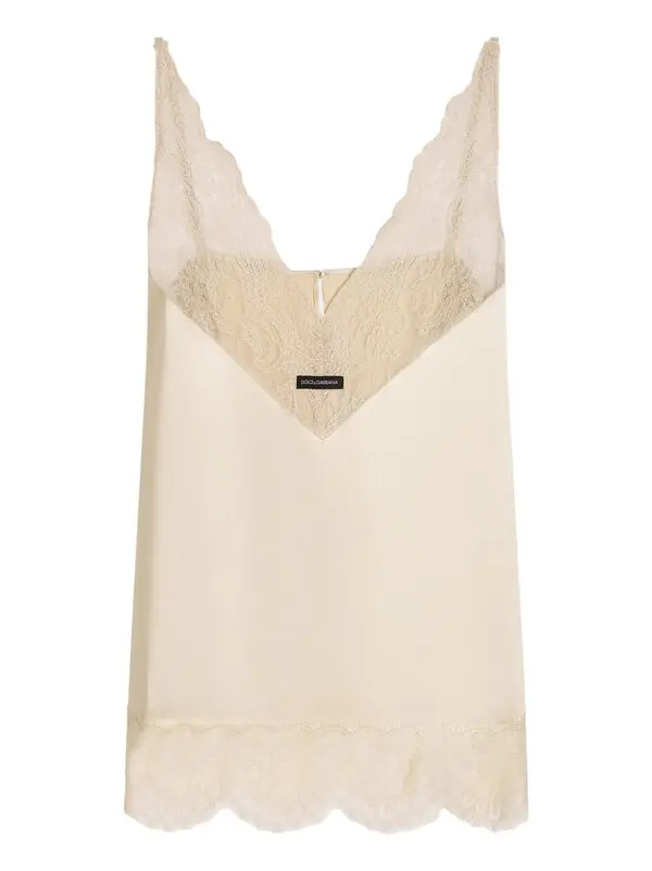 Dolce & Gabbana Silk Satin Top With Lace Trim - Beige