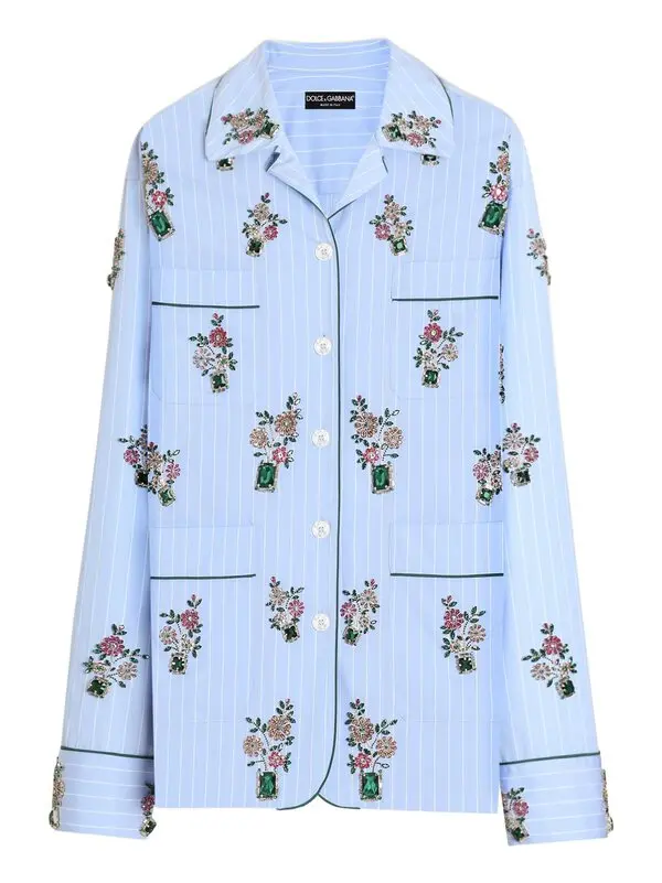 Dolce & Gabbana Poplin Shirt With Crystal Flower Embroidery - Multicolor