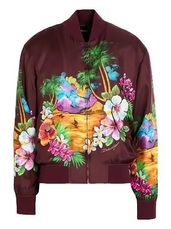 Dolce & Gabbana Bomber Jacket In Chocolate Silk With Floral Print - Brown