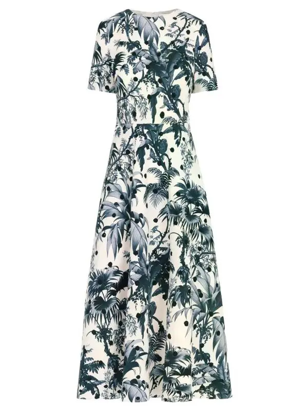 Oscar De La Renta Short Sleeve Tropical Print Dress - Neutrals
