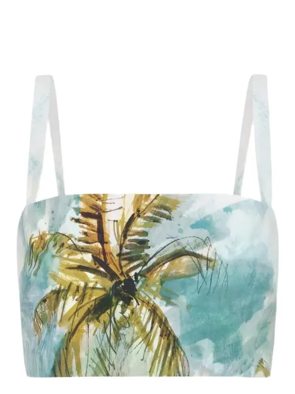 Oscar De La Renta Dominican Landscape Cotton Poplin Cropped Blouse - Blue