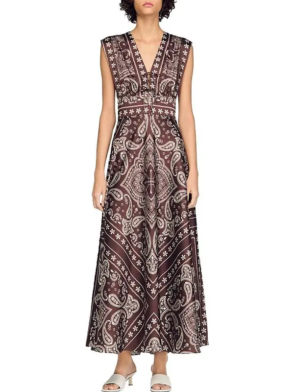Sandro Bandana Print Maxi Dress - Taupe / White