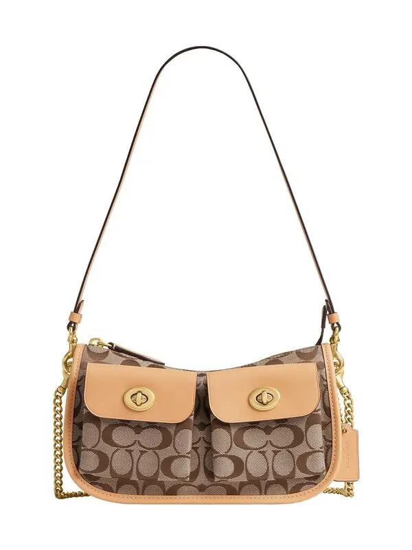 COACH Twin Turnlock Waverly Bag In Signature Jacquard - Brass/khaki Light Peach