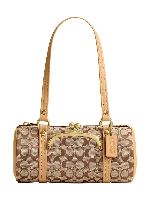 COACH Kisslock Barrel Bag 28 In Signature Jacquard - Brass/khaki Light Peach