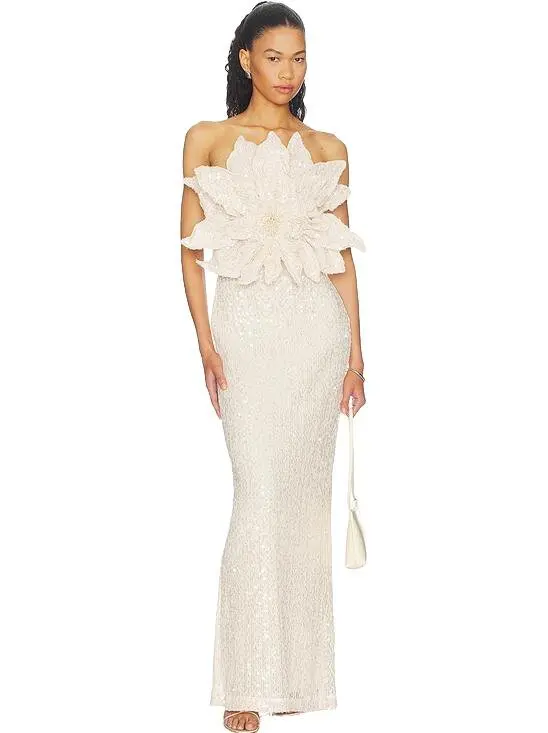 PatBO Lara Crochet Flower Sequin Maxi Dress - Beige