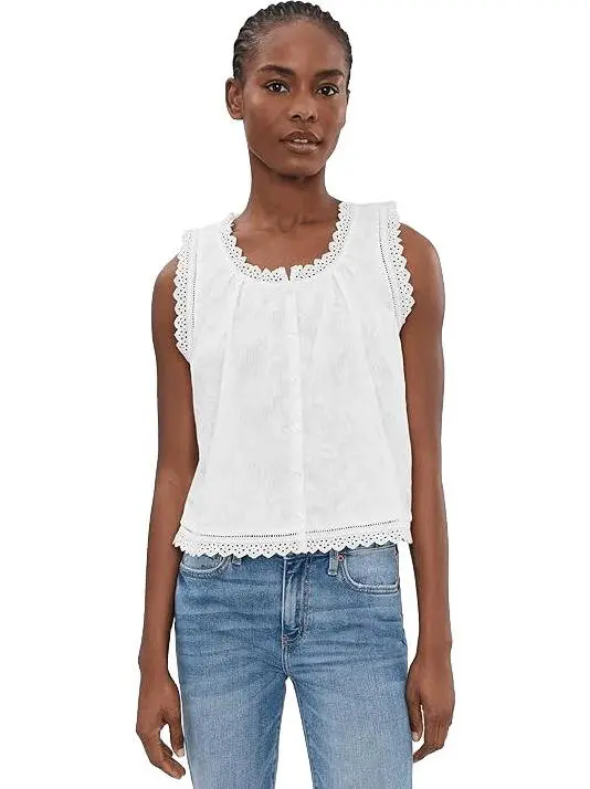 Vince Camuto Cropped Button-down Peasant Tank Blouse With Ruffle Trim - White
