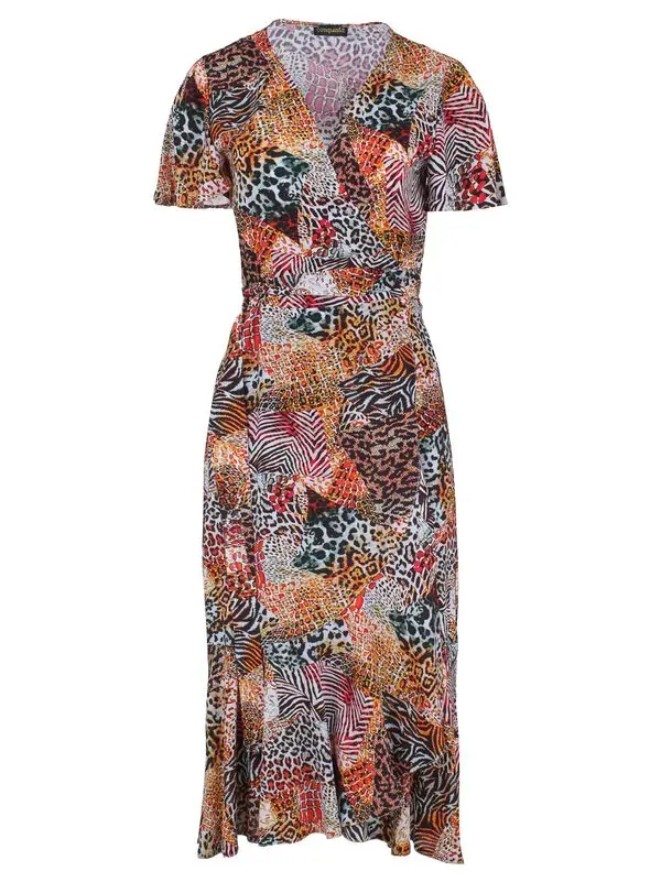 CONQUISTA Animal Print V-neck Short Sleeve Midi Wrap Dress - Orange