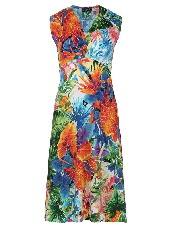 CONQUISTA Sleeveless V-neck Printed Jersey Empire Line Dress - Orange