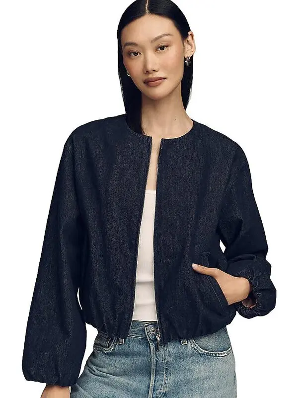 PILCRO Cotton Denim Collarless Jacket - Rinsed Denim