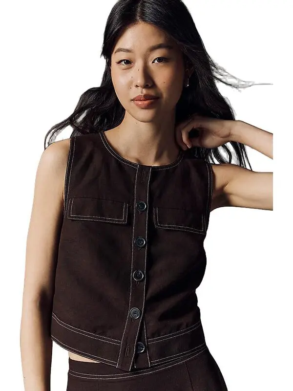 ALIGNE Buttonfront Linen Blend Tank - Chocolate