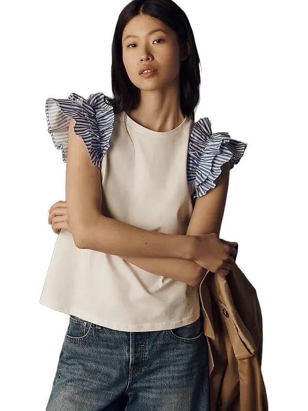 English Factory Ruffle Sleeve Top - White Stripe