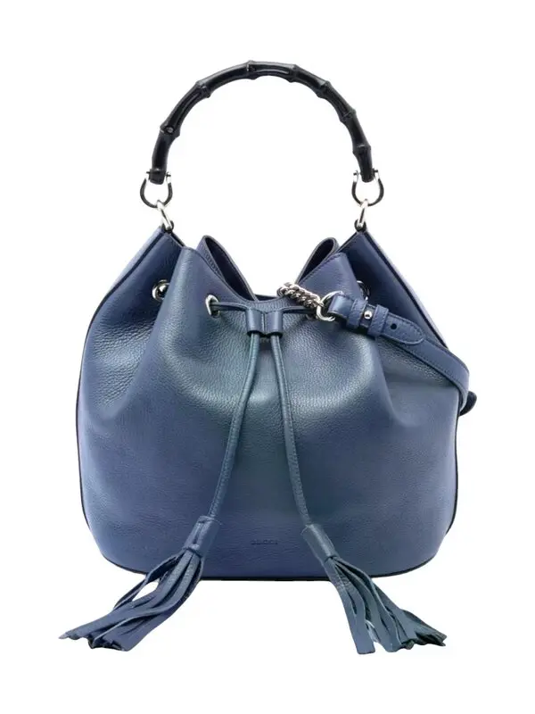 Gucci Pebbled Calfskin Miss Bamboo Tassel Bucket Bag - Blue