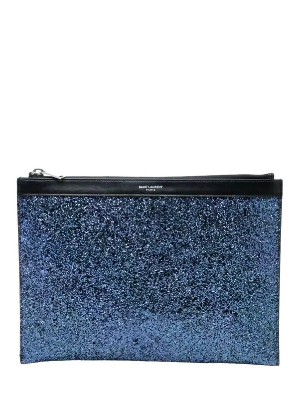Saint Laurent Glittered Leather Zipped Tablet Pouch Clutch Bag - Black