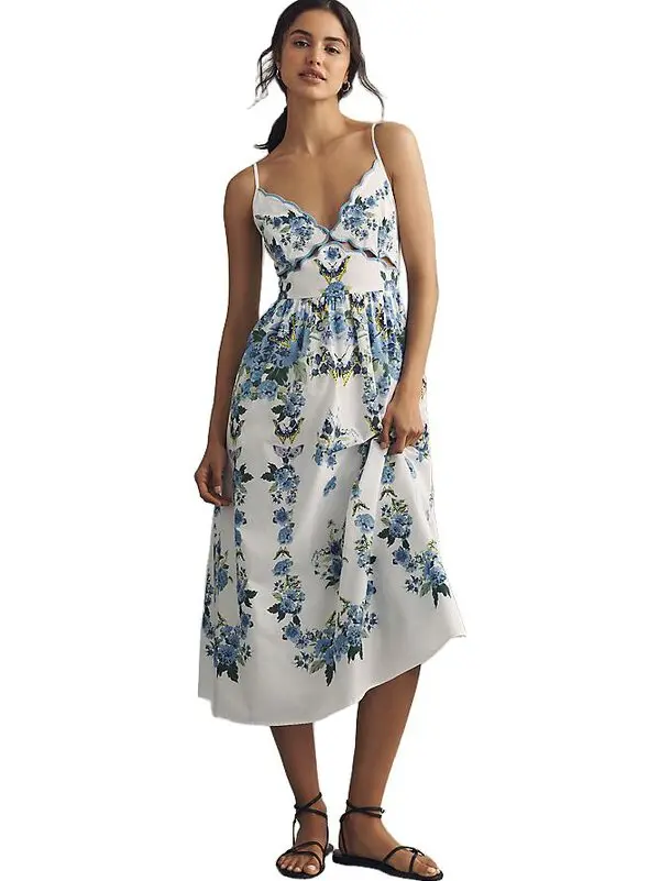 Anthropologie Cotton Scalloped Midi Dress - Blue Floral