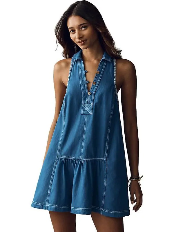 PILCRO Cotton Denim Mini Swing Dress - Blue
