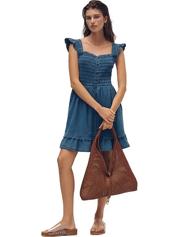 Anthropologie Shirred Cotton Mini Dress With Flutter Sleeves - Medium Denim