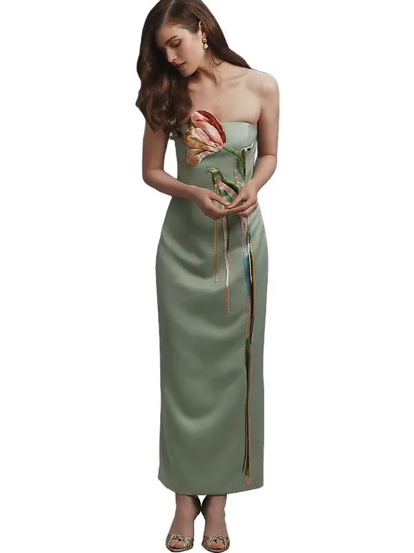 LEO LIN Floral Embellished Bustier Maxi Dress - Tulip Green