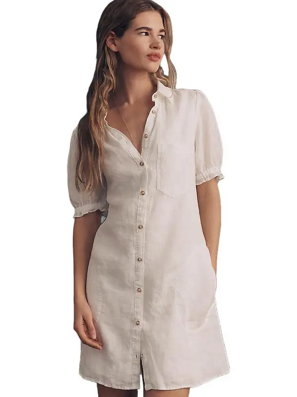 PILCRO Aly European Linen Puff-sleeve Mini Shirtdress - Bright White