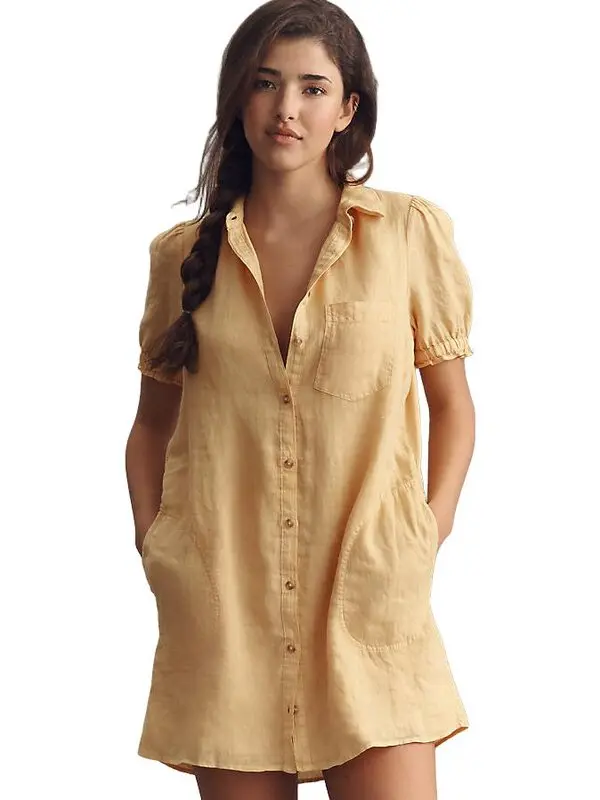PILCRO Aly European Linen Puff-sleeve Mini Shirtdress - Chamois