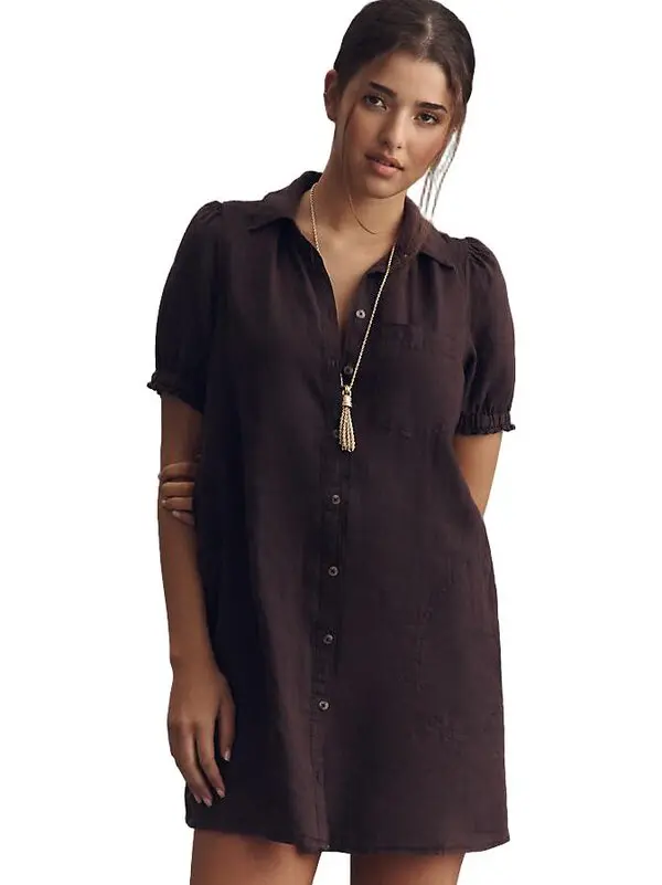 PILCRO Aly European Linen Puff-sleeve Mini Shirtdress - Powdered Cocoa