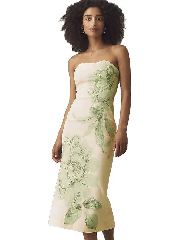 Bhldn Strapless Fitted Midi Dress With Floral Print - Green