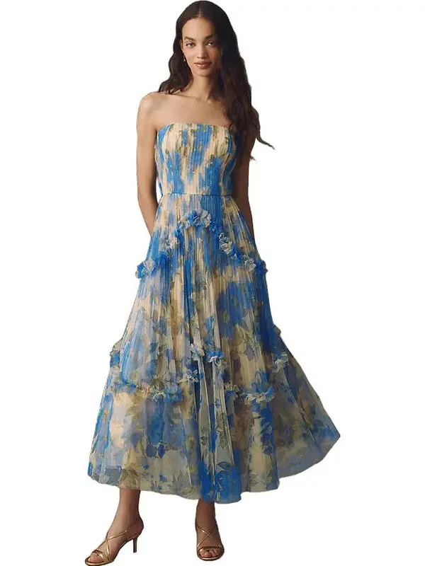 HUTCH Strapless Floral Print Maxi Dress With Bustier Bodice - Blue Spanish Floral