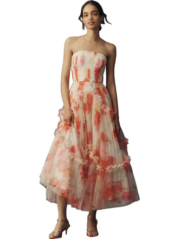 HUTCH Strapless Bustier Maxi Dress - Watercolor Rococo Bouquet