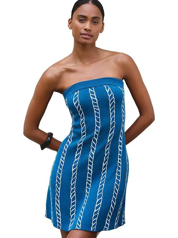 CELANDINE Strapless Knit Mini Dress With Rope Print - Blue Wave
