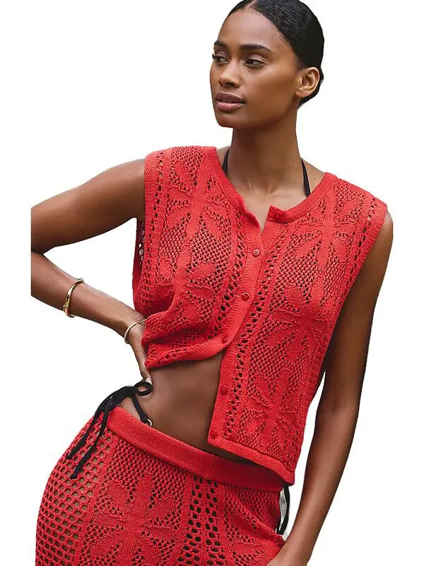 CELANDINE Bloom Crochet Button Front Top - Red