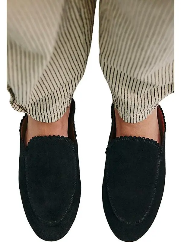 Free People Suede Loafer Mules With Scalloped Trim - Black