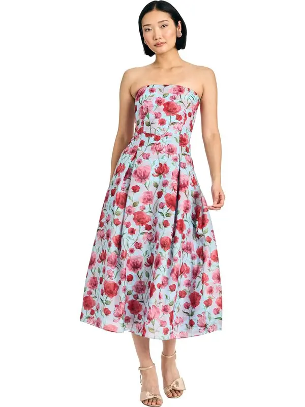 Sachin & Babi Shay" Strapless Floral Print Tea-length A-line Dress - Sky Poppies