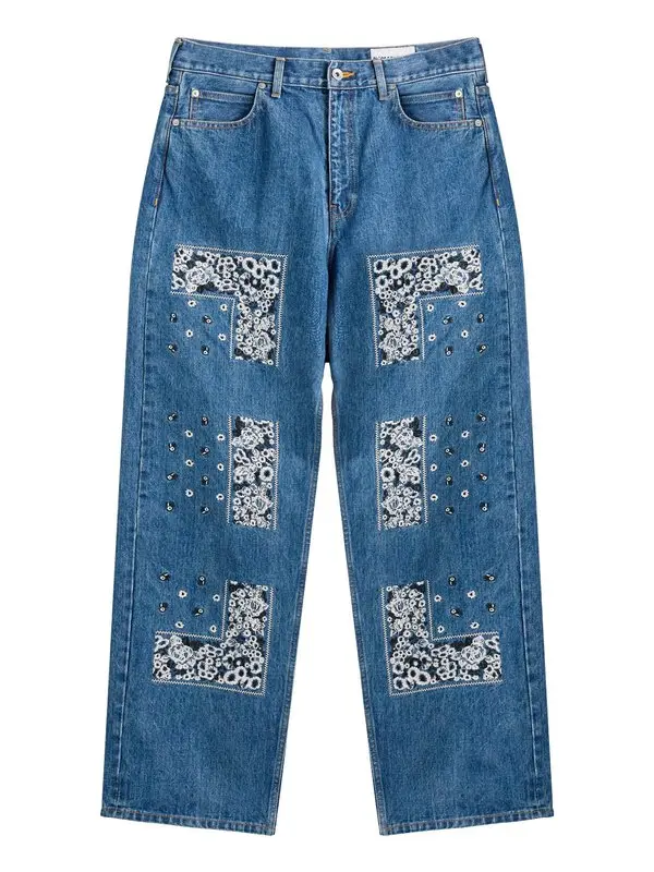 NOMARHYTHM TEXTILE Bandana Embroidery Wide Leg Jeans - Indigo/white