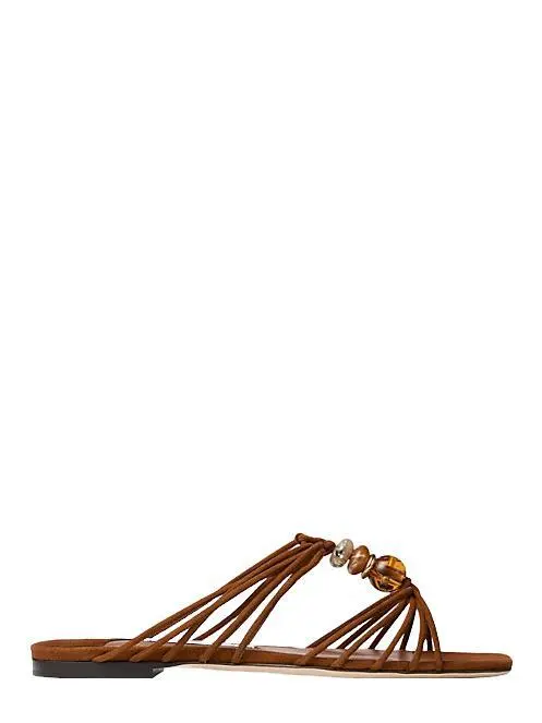JIMMY CHOO Lova Flat Leather Sandals With Beaded Embellishment - Tan Mix