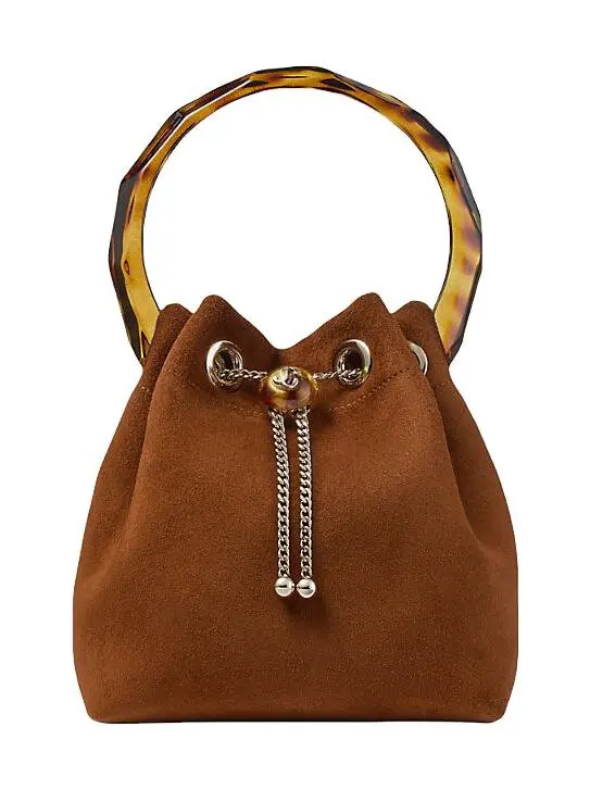 JIMMY CHOO Suede Bucket Bag With Metal Bracelet Top Handle - Tan/tortoiseshell
