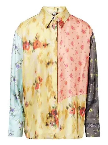 GANNI Multi-panel Floral Print Silk Shirt - Iced Aqua