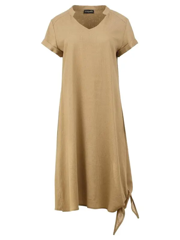 CONQUISTA Midi Dress With V-neck And Tie Detail - Beige
