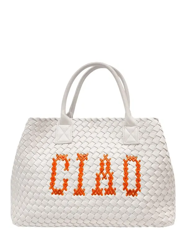 LILLY LOVES Ciao Orange Embroidered Woven Vegan Leather Handbag - White