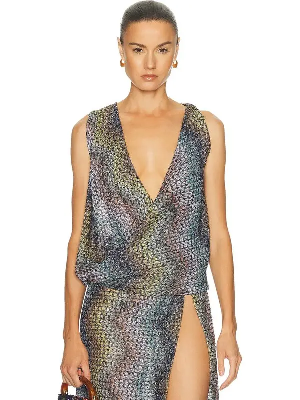 Missoni Metallic Knit V-neck Top - Multi Blue  Yellow  & Violet