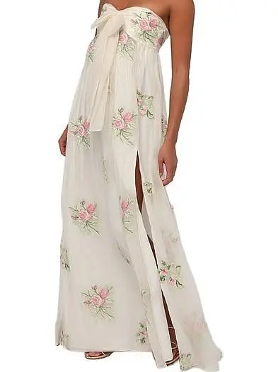 Victoria's Secret Strapless Embroidered Maxi Dress With Sweetheart Neckline And Bow Detail - White,ivory