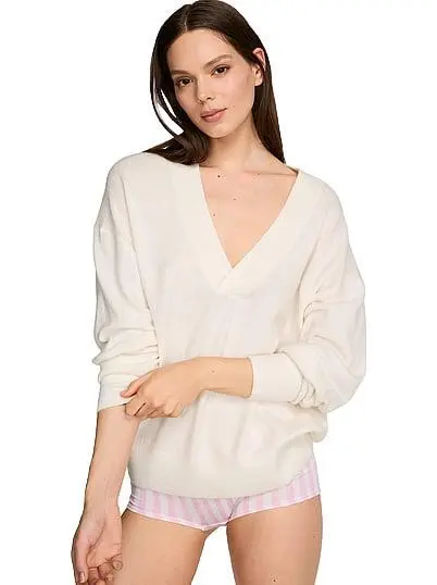Victoria's Secret Luxe Knit Oversized V-neck Sweater - White,ivory