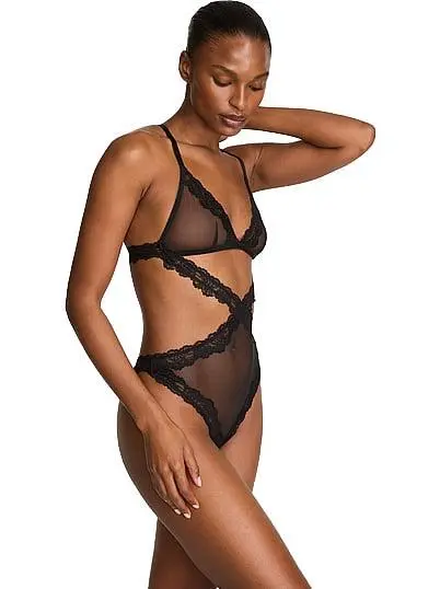 Victoria's Secret Very Sexy Sheer Rose Cut-out Triangle Teddy - Black