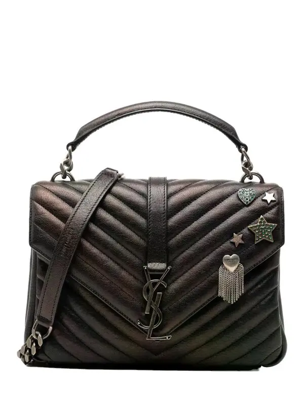 Saint Laurent Medium Metallic Chevron Sheepskin Monogram College Satchel - Black