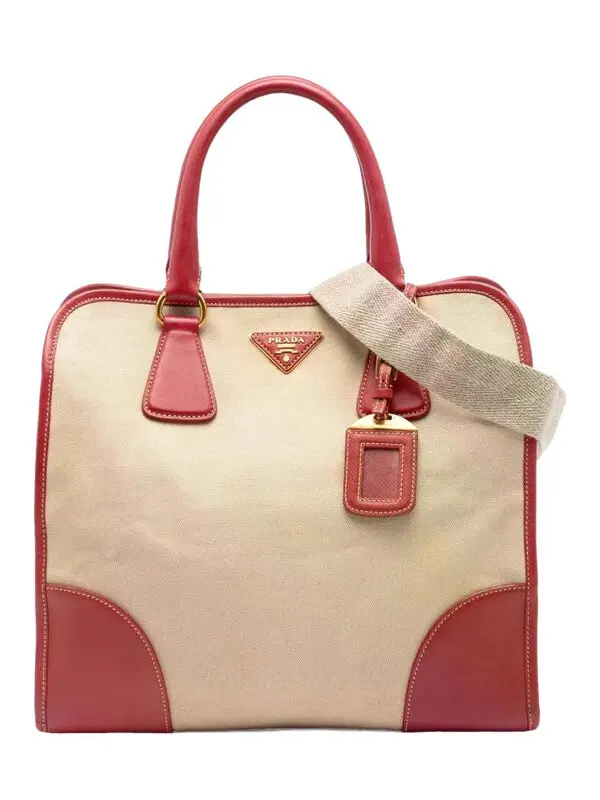 Prada Canapa Saffiano Trimmed Canvas Satchel - Red