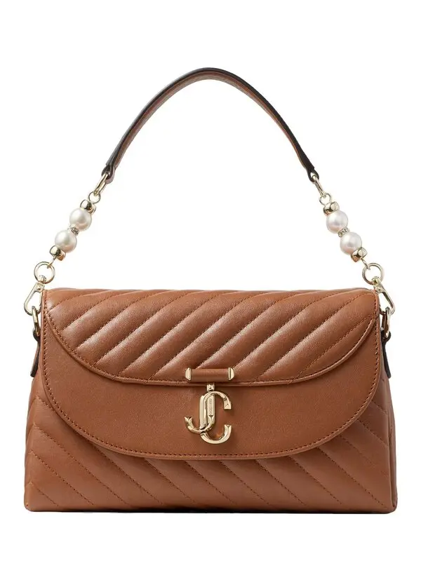 JIMMY CHOO Quilted Leather Top Handle Bag With Pearl Detail - Tan/shiny Gold