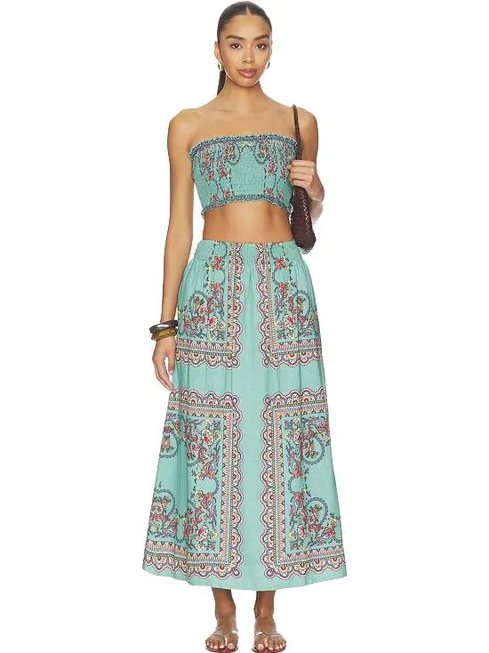 CLEOBELLA Ruby Printed Smocked Bandeau Top And Maxi Skirt Set - Teal