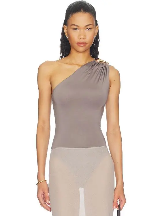 Superdown One Shoulder Bodysuit With Gold Tone Hardware - Grey