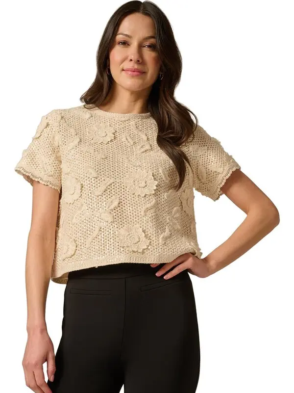 Adrianna Papell Short Sleeve Floral Sequin Crochet Top - Seedpearl