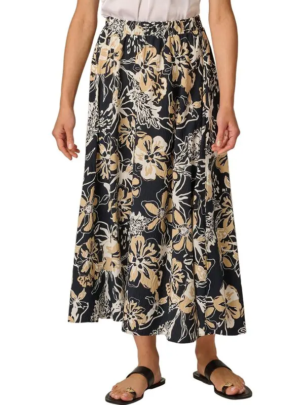 Adrianna Papell A-line Midi Skirt With Whimsical Floral Print - Navy/ivory Whimsical Floral