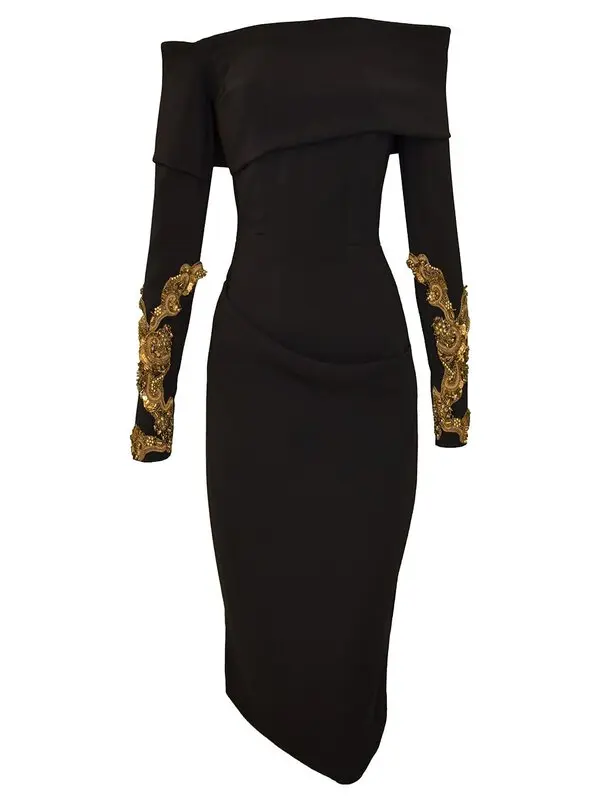 ALINA CERNATESCU Orsini Midi Dress Long Sleeve, Off-the-shoulder, Embroidered - Black