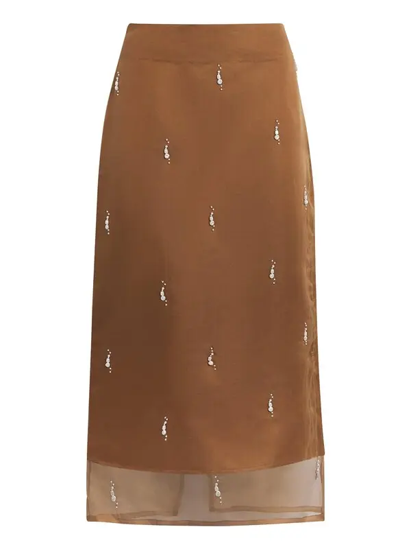 RÓHE Organza Pearl Embellished Midi Skirt - Brown